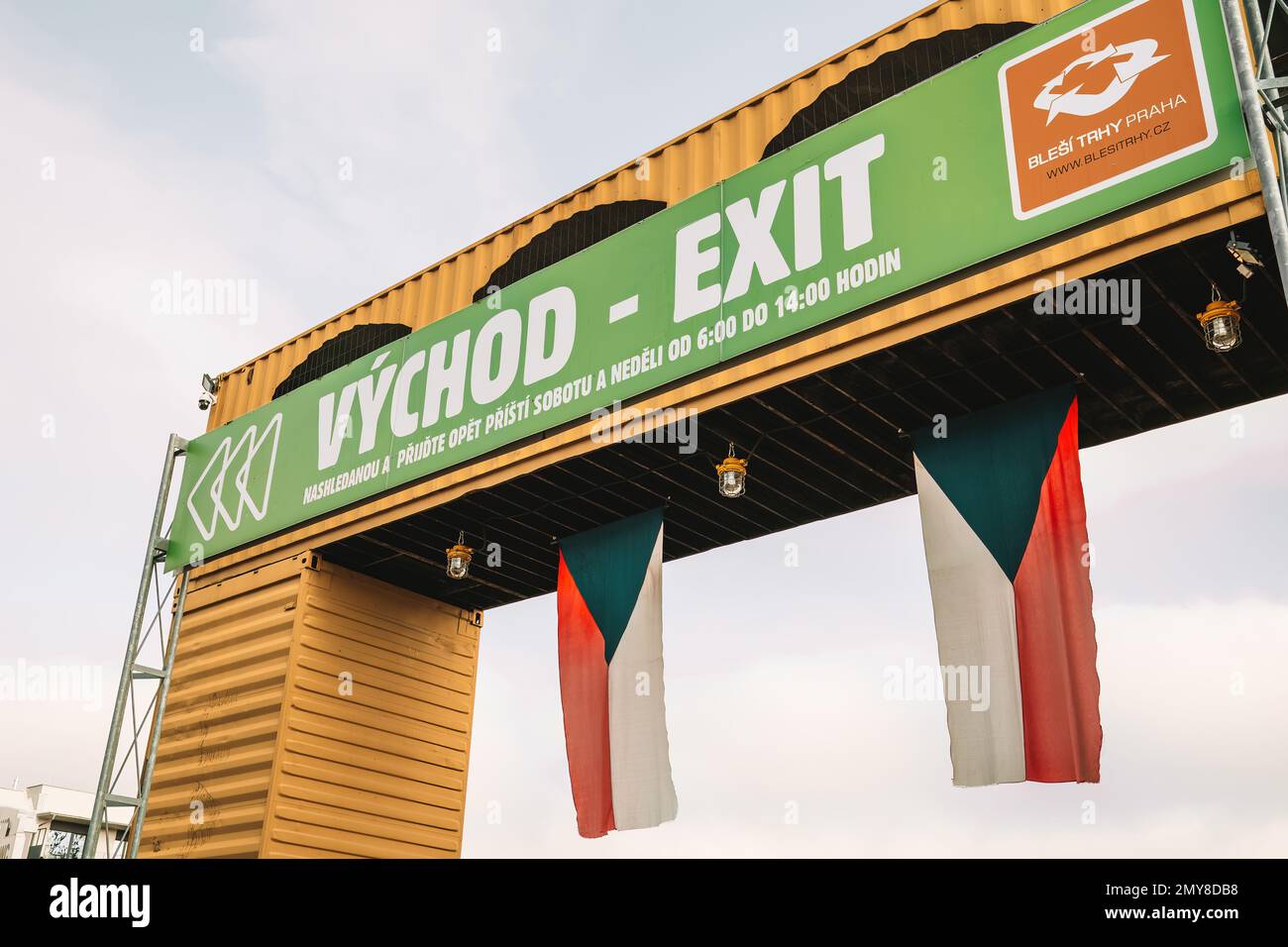 Prague, Czech - February 2023. Kolbenka - exit from famous flea market ...