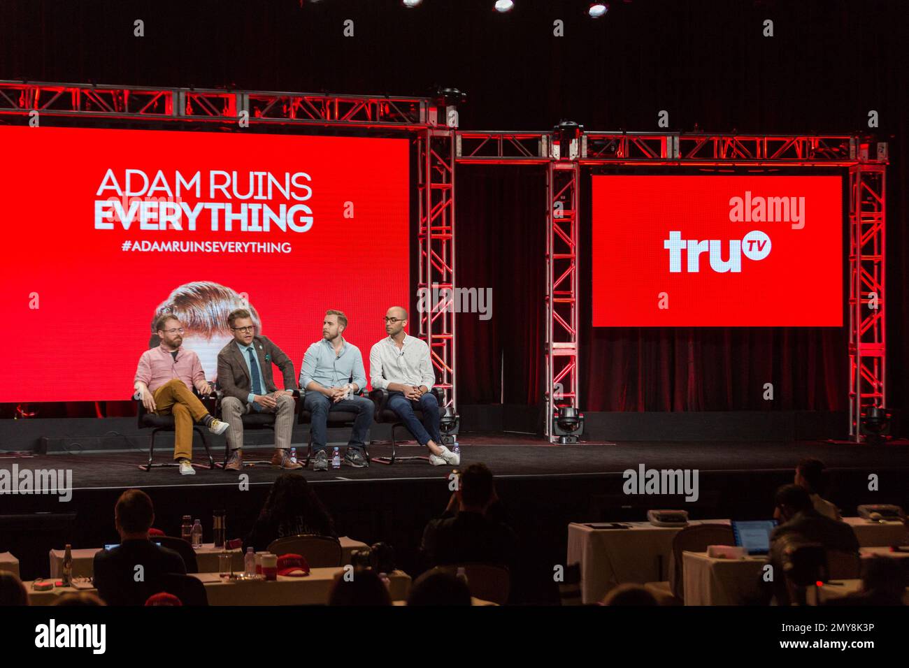 Sam Reich, from left, Adam Conover, Travis Helwig, and Jon Wolf ...