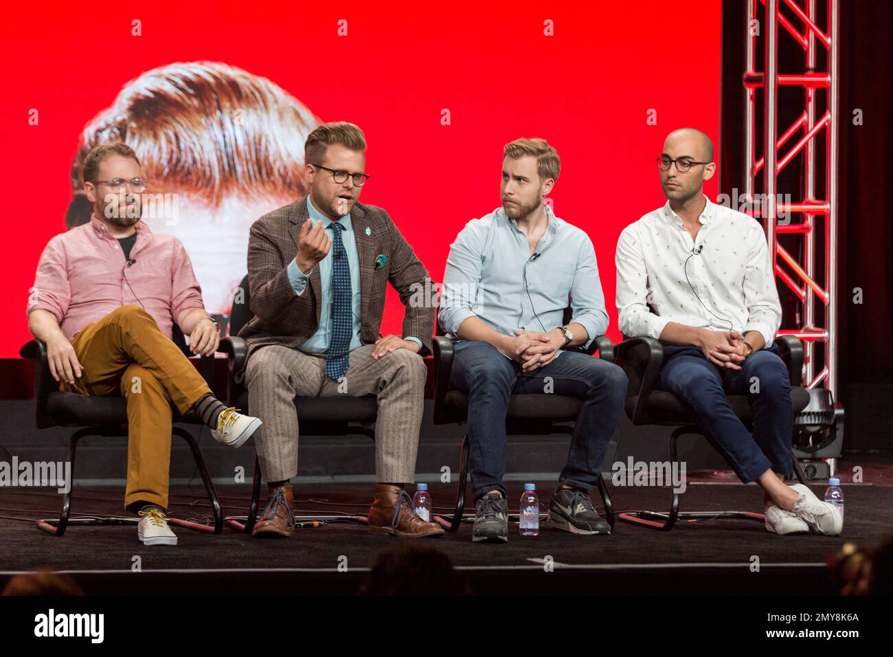 Sam Reich, from left, Adam Conover, Travis Helwig, and Jon Wolf ...