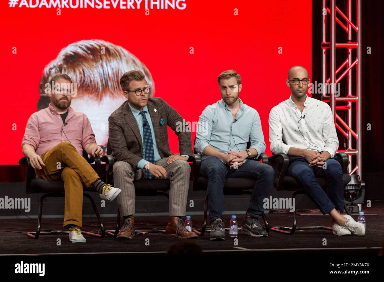 Sam Reich, from left, Adam Conover, Travis Helwig, and Jon Wolf ...