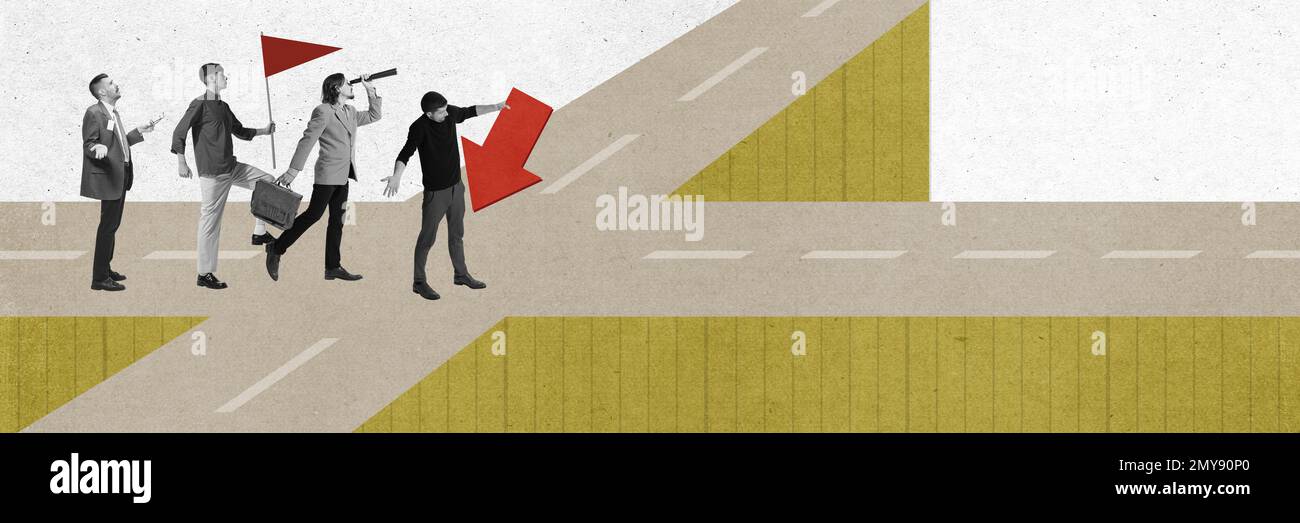 Contemporary art collage. Conceptual design. On crossing roads ...