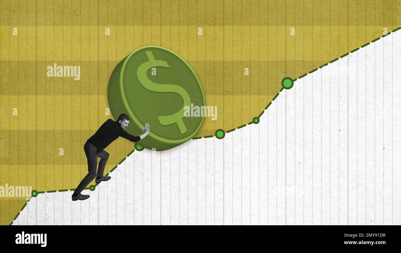 Contemporary art collage. Conceptual design. Businessman pushing giant ...