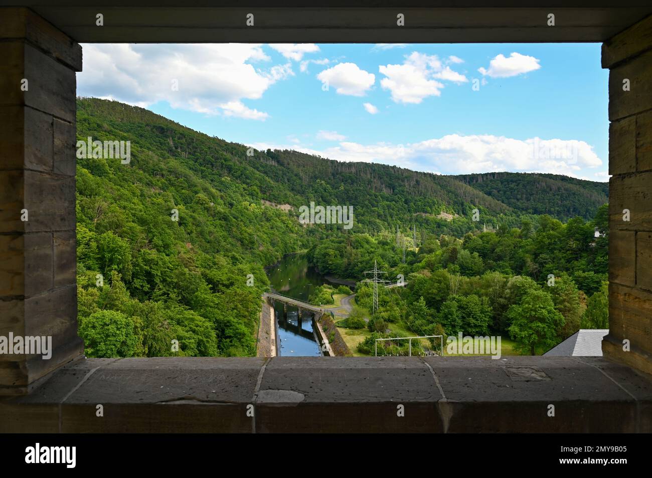 Wall window on the Edersee dam in Germany with a view of the forest and ...