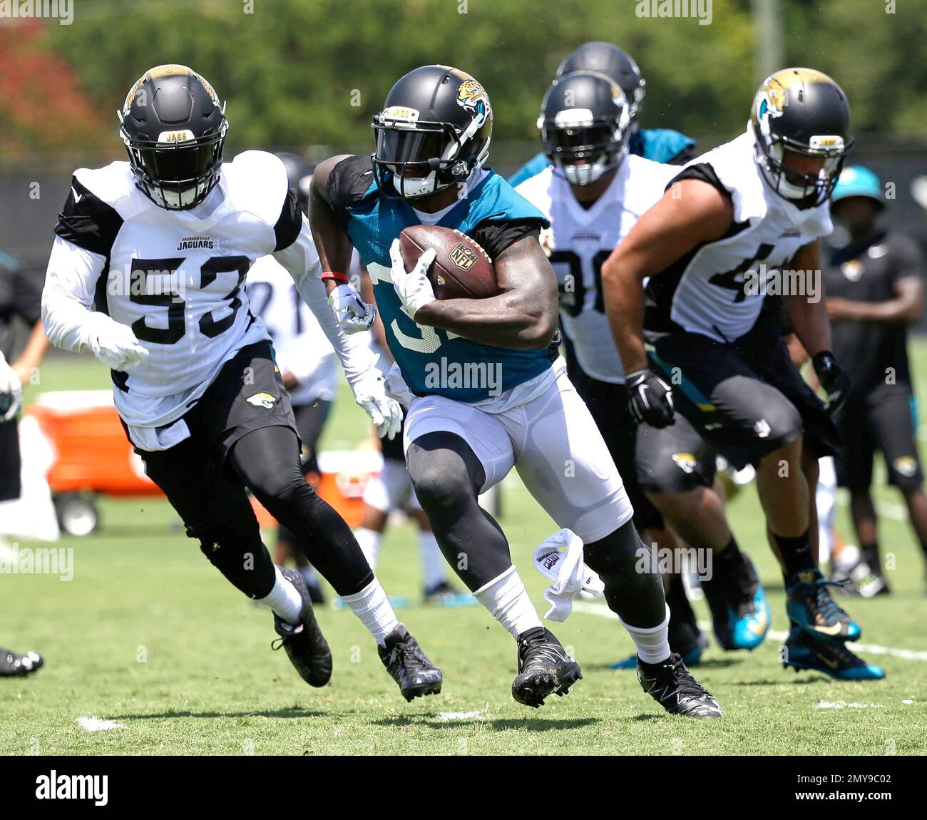 Jacksonville Jaguars running back Jonas Gray, center, runs past members ...