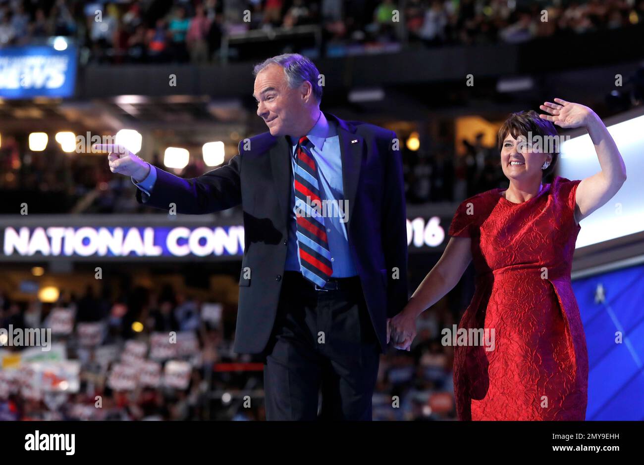 Democratic vice presidential candidate, Sen. Tim Kaine, D-Va., waves ...