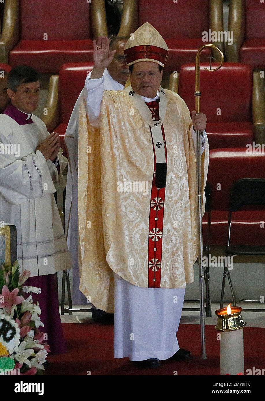 Mexico's Cardinal Norberto Rivera waves after a Mass at the Basilica of ...