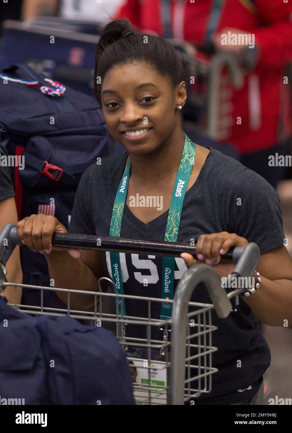 U.S. Olympic athlete Simone Biles arrives to Tom Jobim International ...