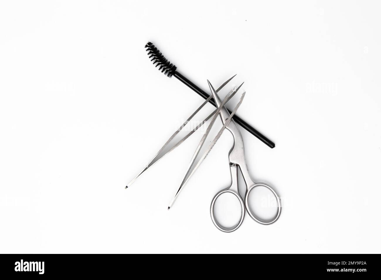 A top view of a stainless steel scissor, two tweezers and spoolie brush ...