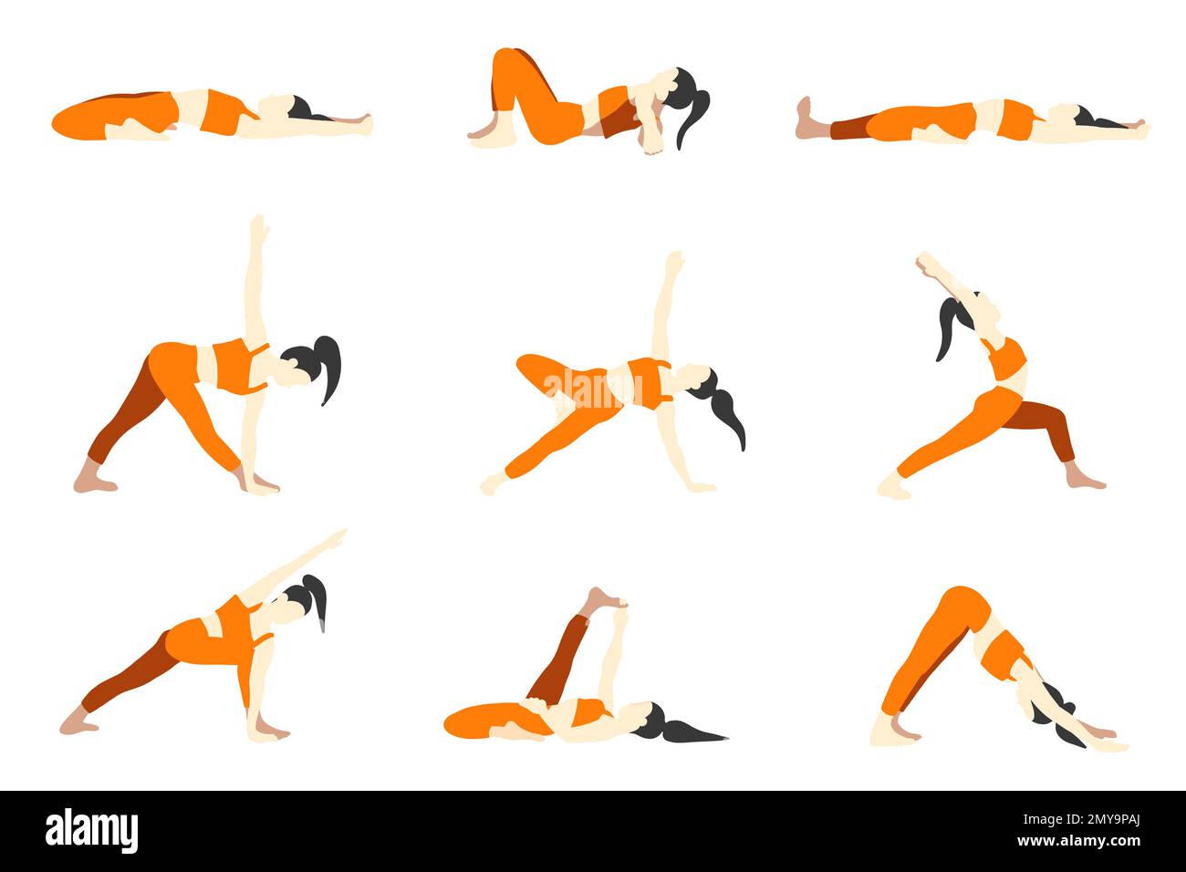 Yoga poses collection. Asian female woman girl. Vector illustration in ...