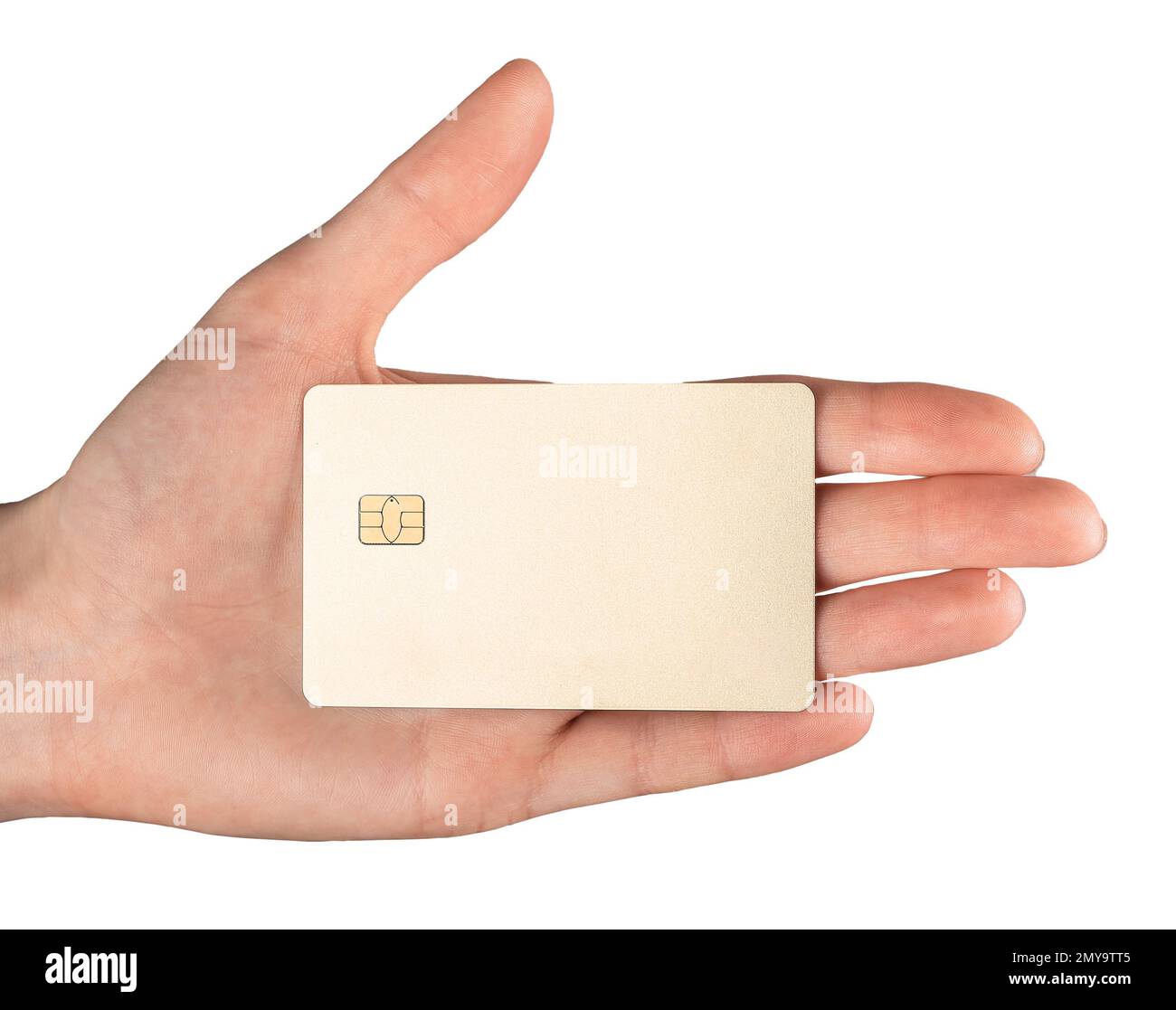 Bank card mock up on hand palm isolated on white background. Blank ...