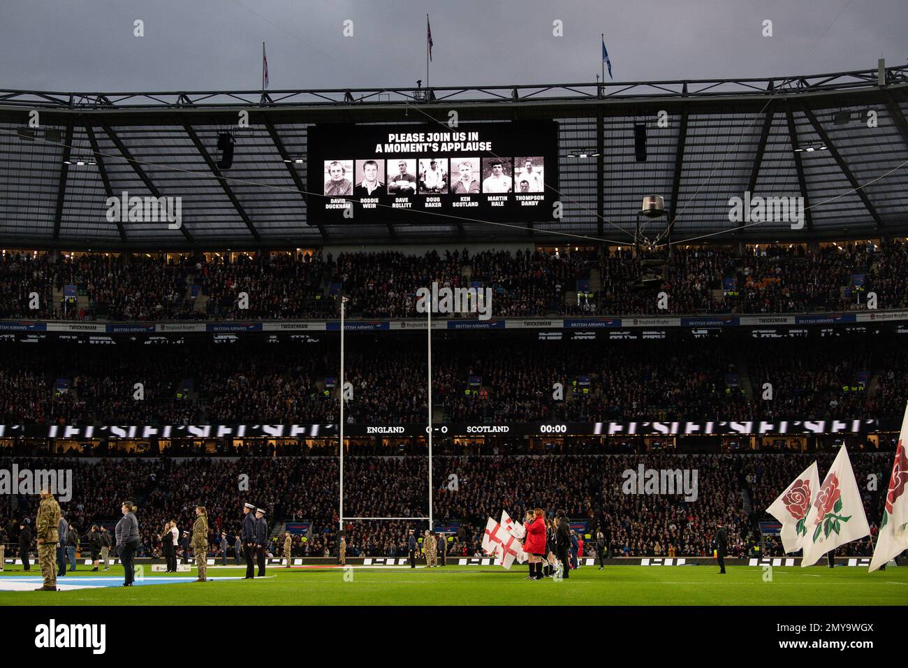 A tribute to David Duckham on the stadium Scoreboard ahead of the 2023 ...