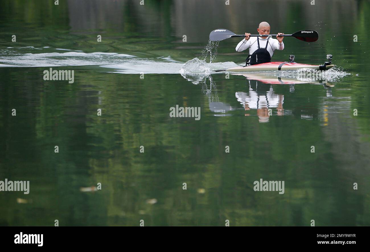 In this Saturday, July 16, 2016 photo, Kazuki Yazawa, canoe slalom ...