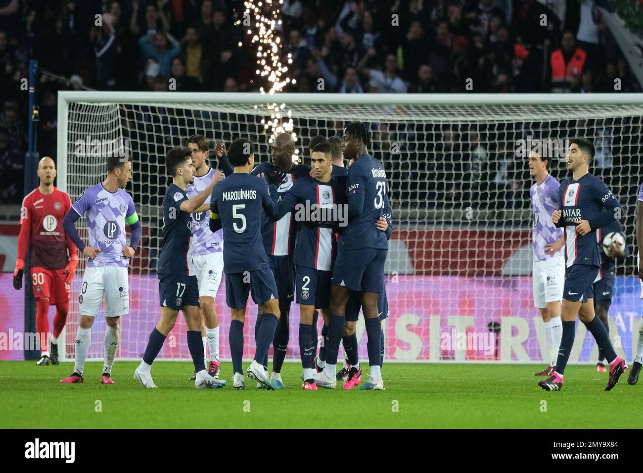 Paris, Paris, France. 4th Feb, 2023. Joy of PSG Defender ACHRAF HAKIMI ...