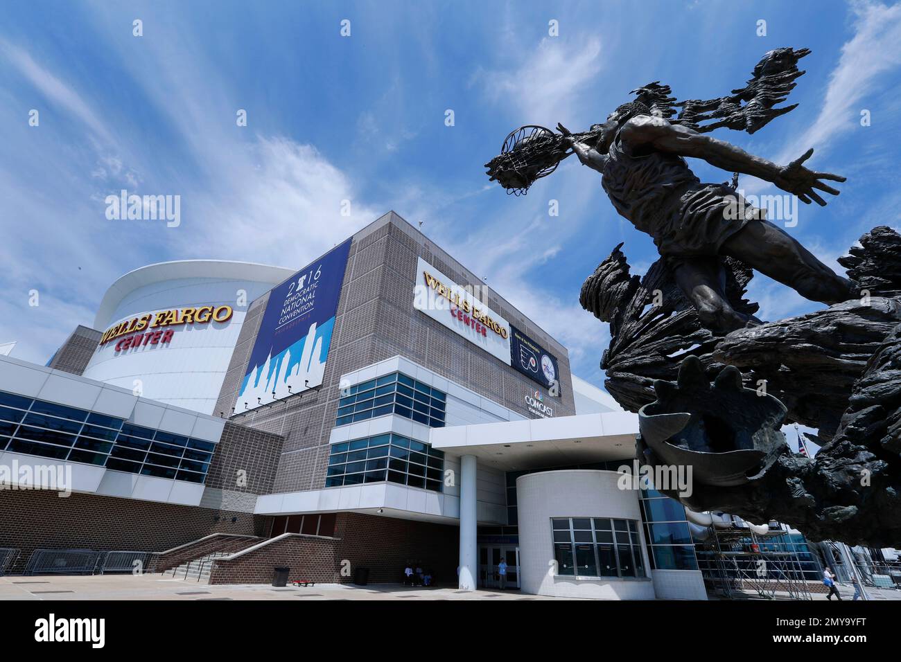 A statue of Wilt Chamberlain is shown outside the Wells Fargo Center ...