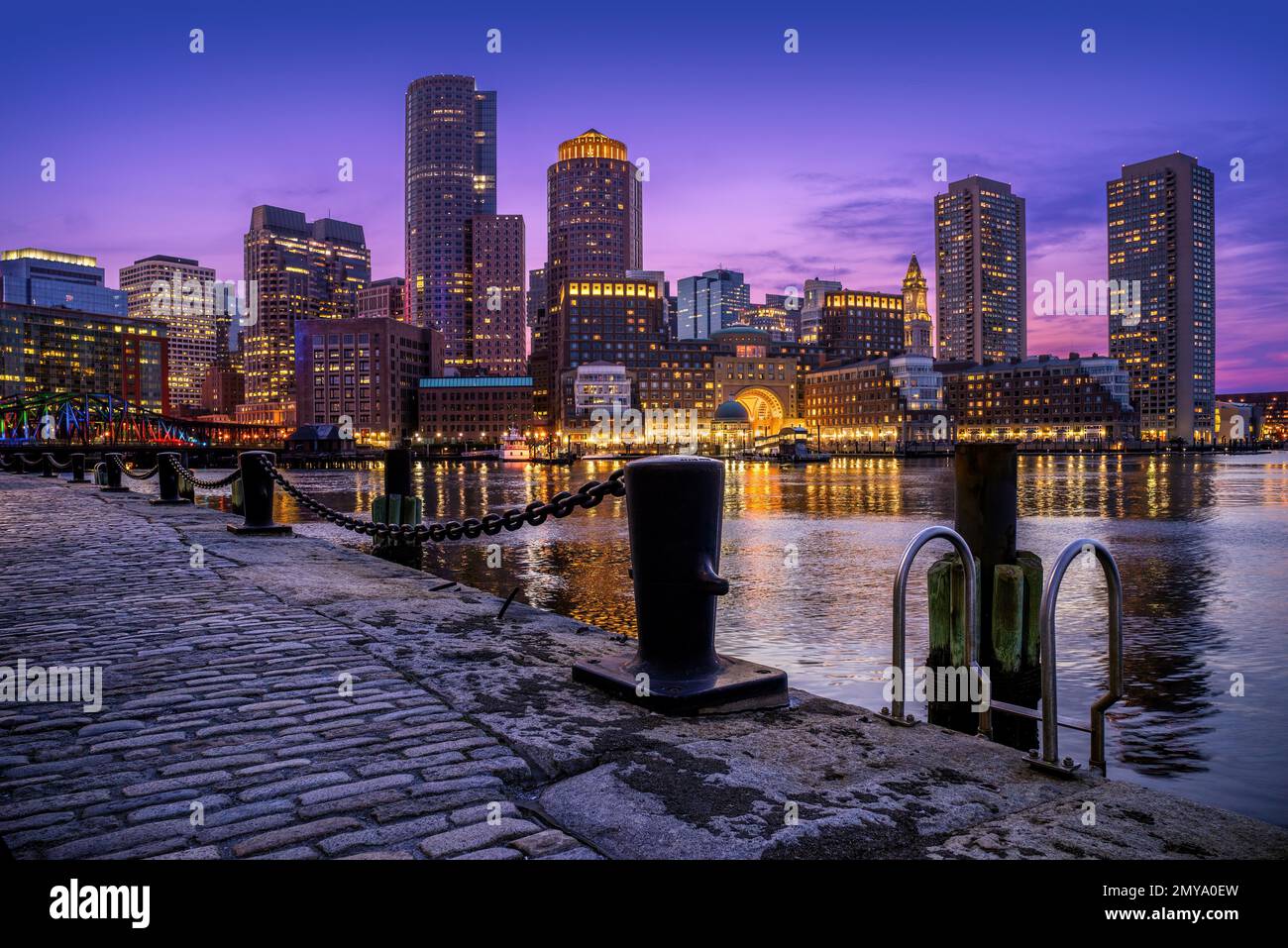 Boston Skyline with Financial District and Boston Harbor at Sunset ...