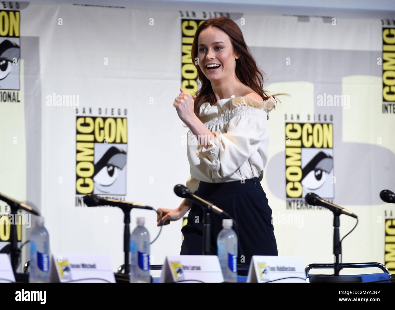 Brie Larson walks on stage at the "Kong: Skull Island" panel on day 3 ...