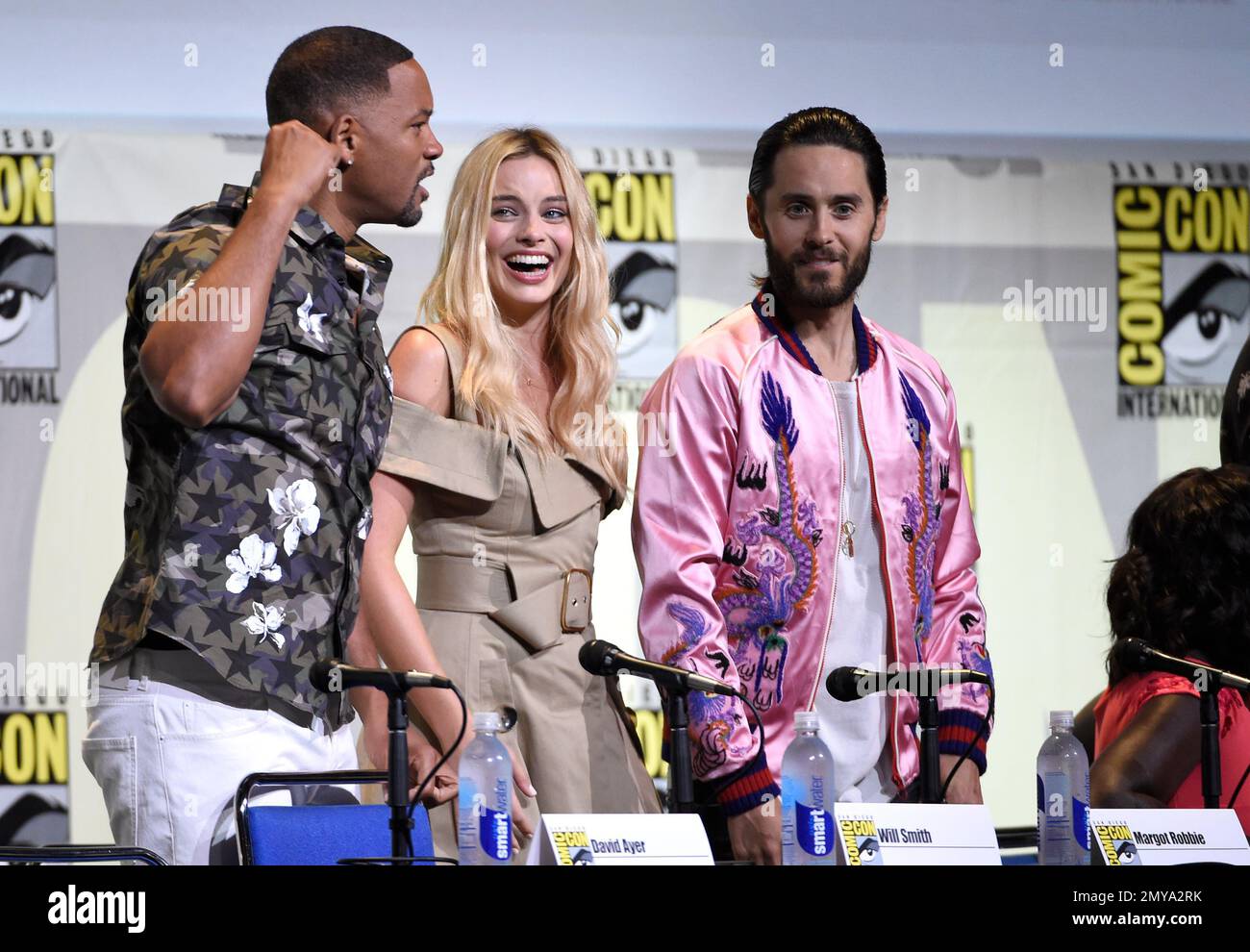 Will Smith, from left, Margot Robbie, and Jared Leto attend the "Suicide Squad" panel on day 3 ...