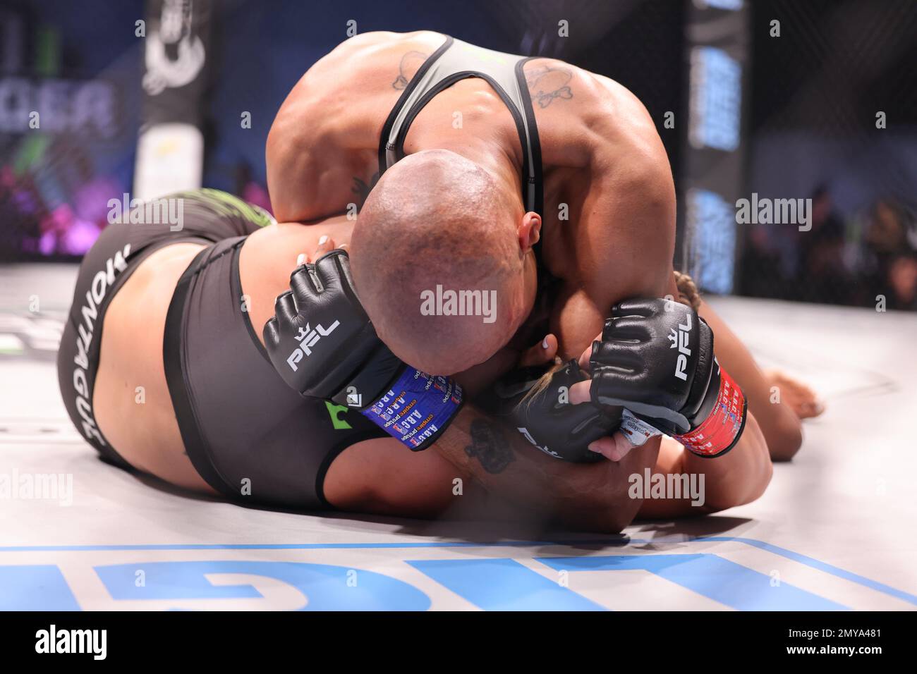 ORLANDO, FL - February 3: Shaquita Amador Woods attempts a dance choke during week 1 of the PFL ...