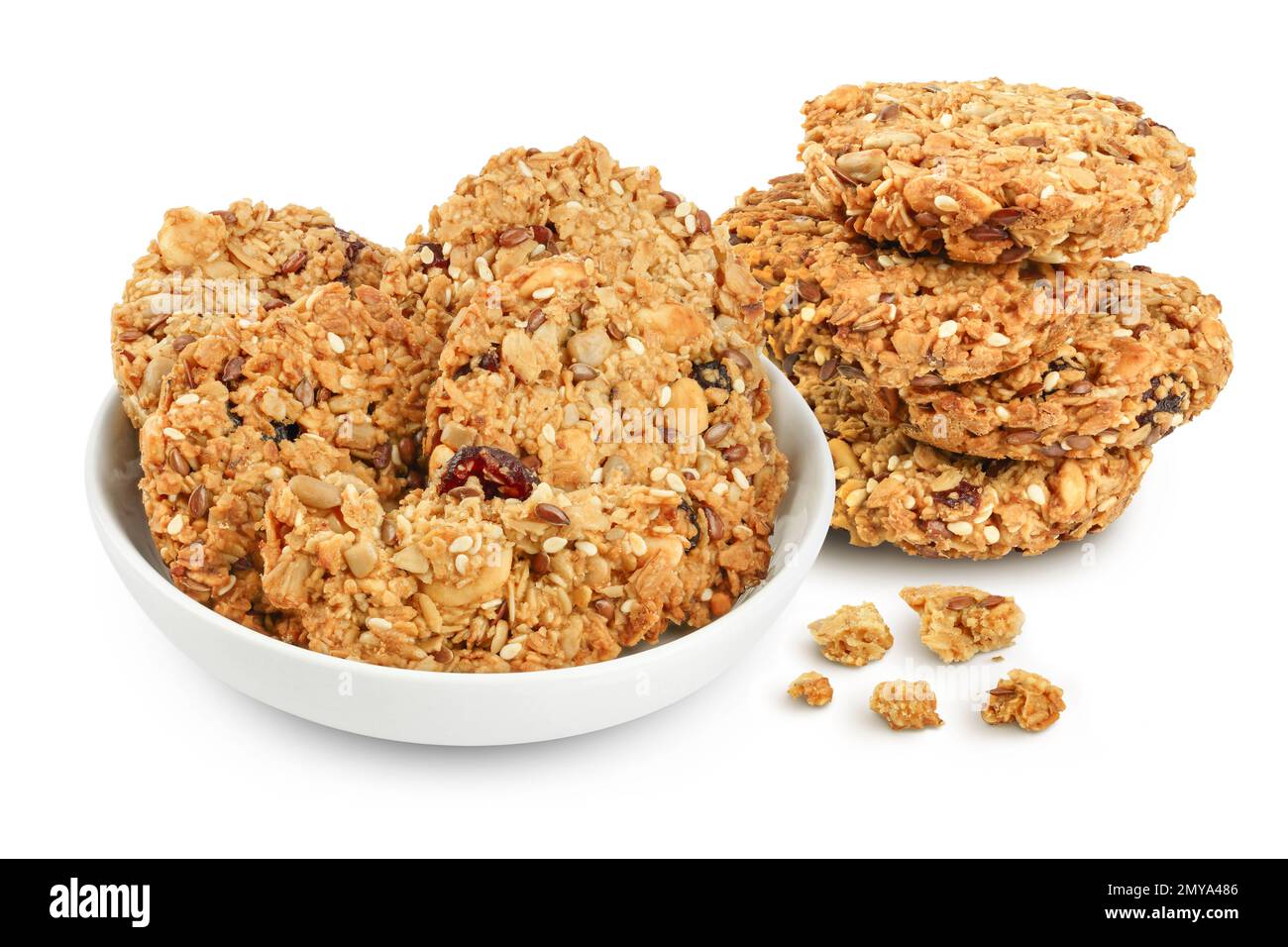 Granola cookie in ceramic bowl isolated on white background with full ...