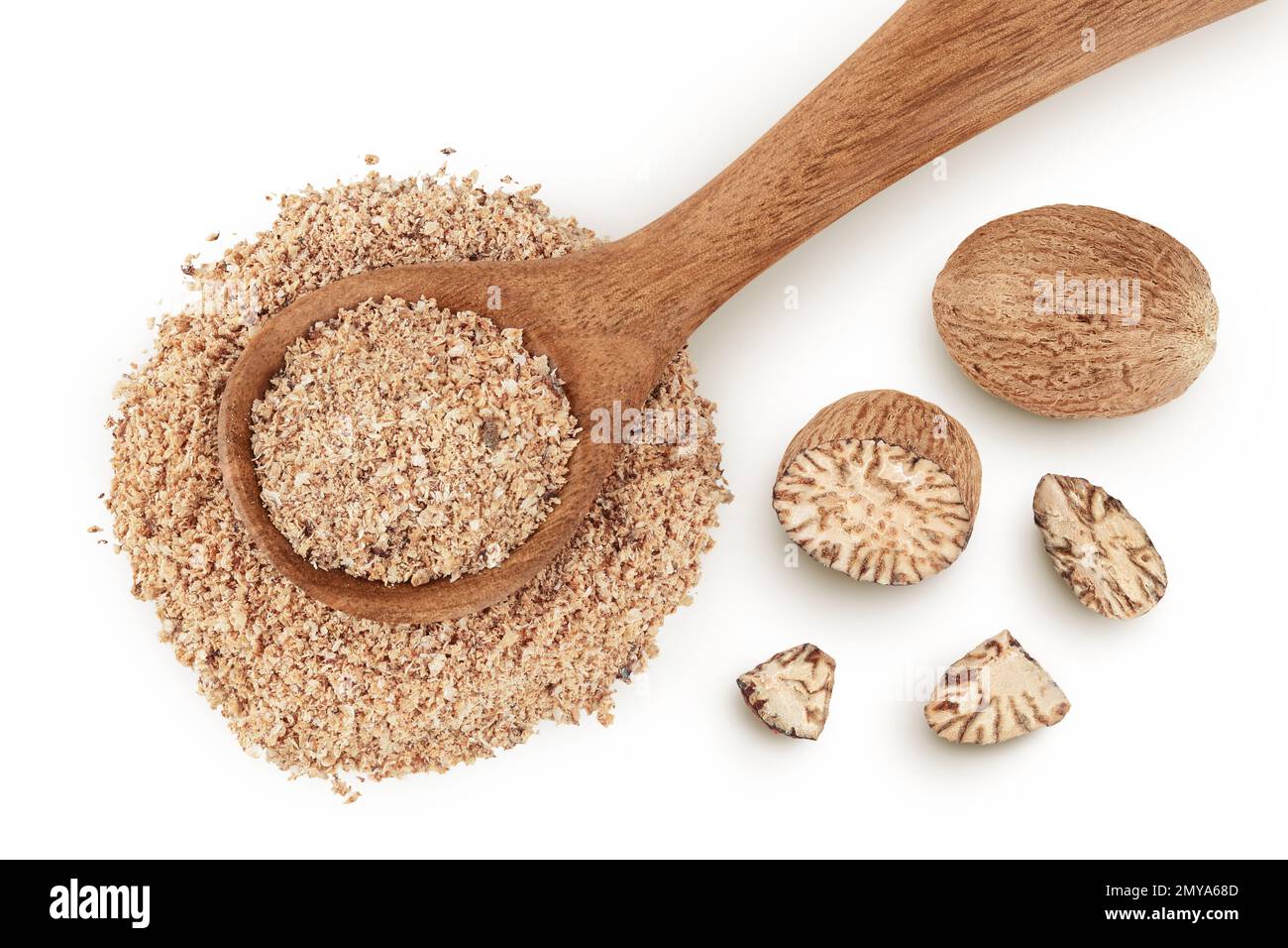 Whole and grated nutmeg in wooden spoon isolated on white background ...