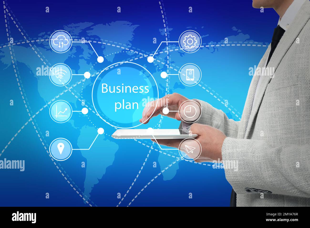 Business plan. Virtual screen with different icons and man using tablet ...
