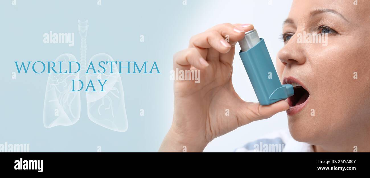 World asthma day. Woman using inhaler on light background, banner ...