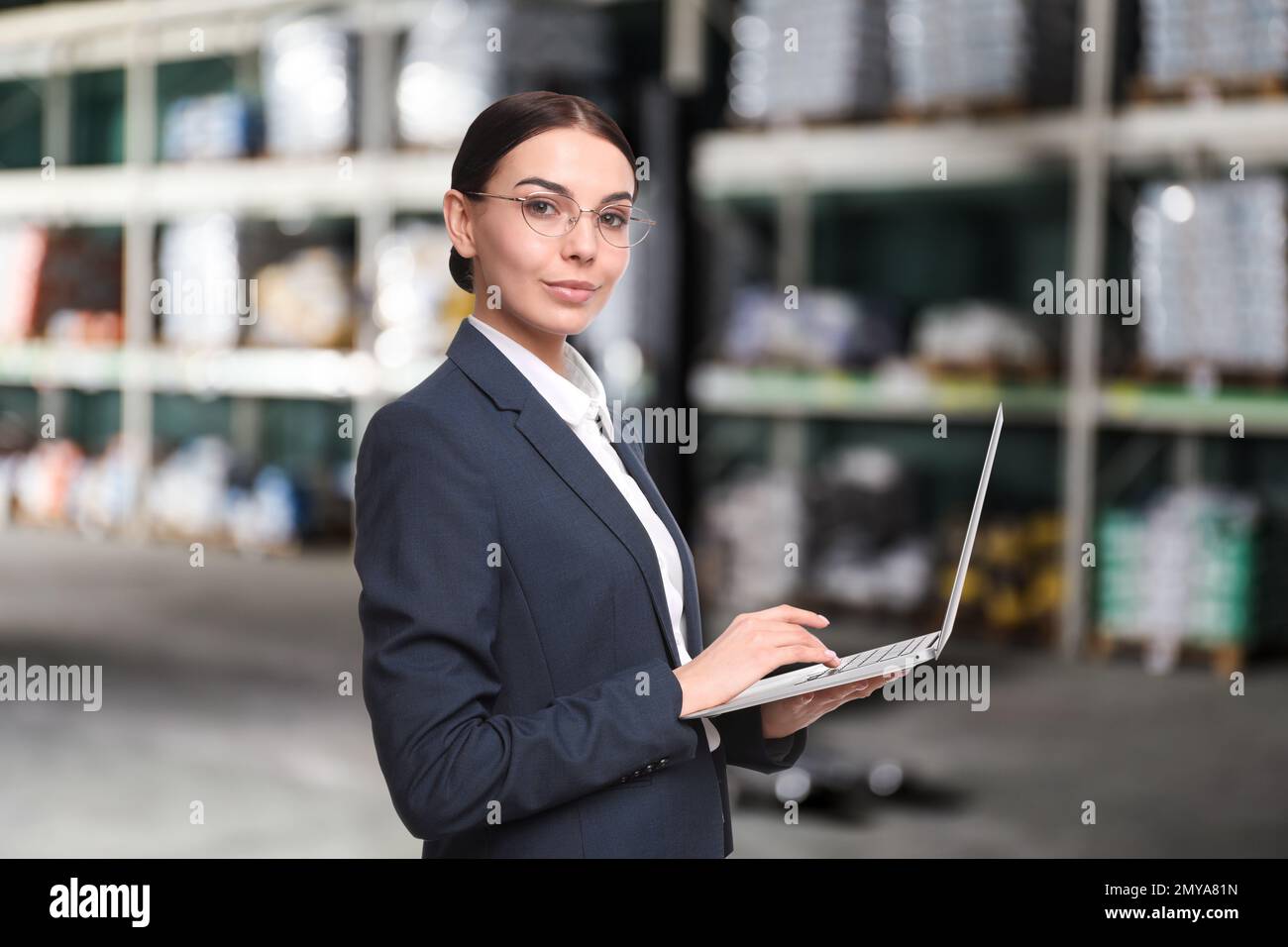 Wholesale and logistics concept. Manager using laptop in warehouse ...