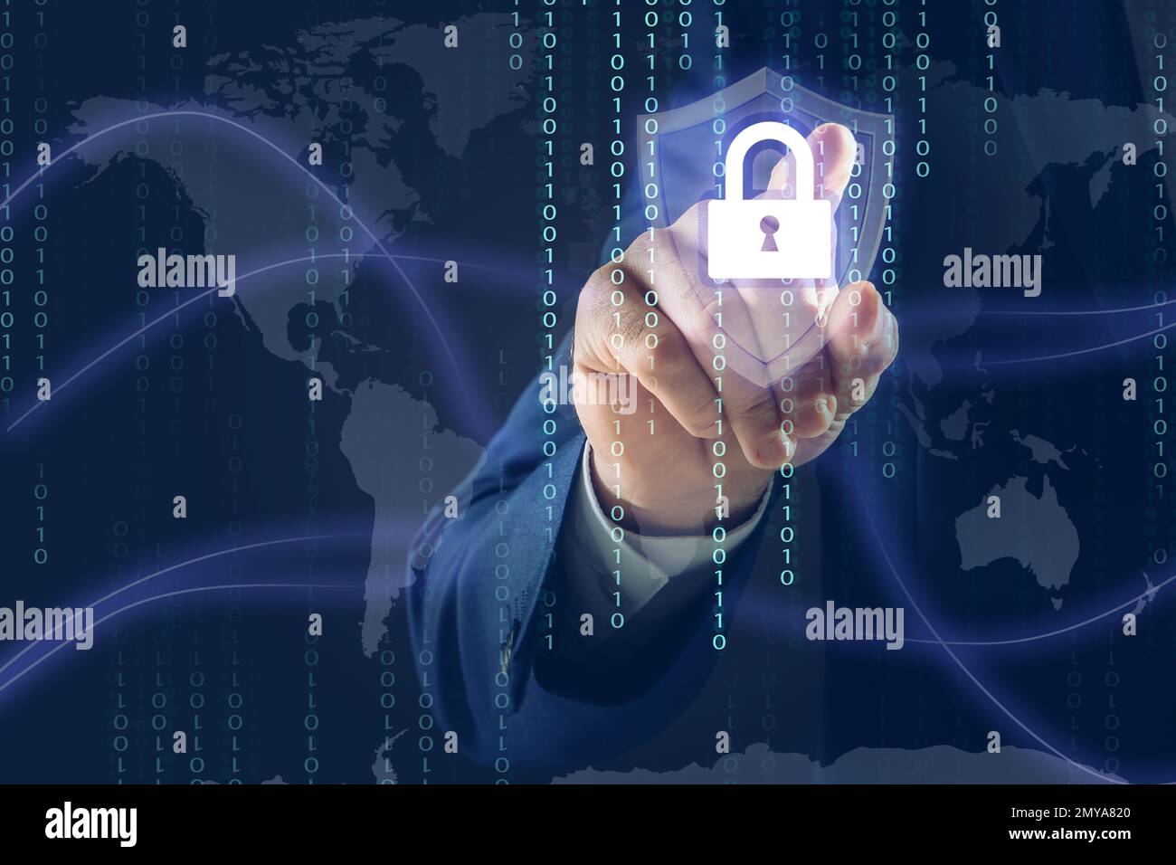 Cyber security concept. Man using virtual screen with padlock ...