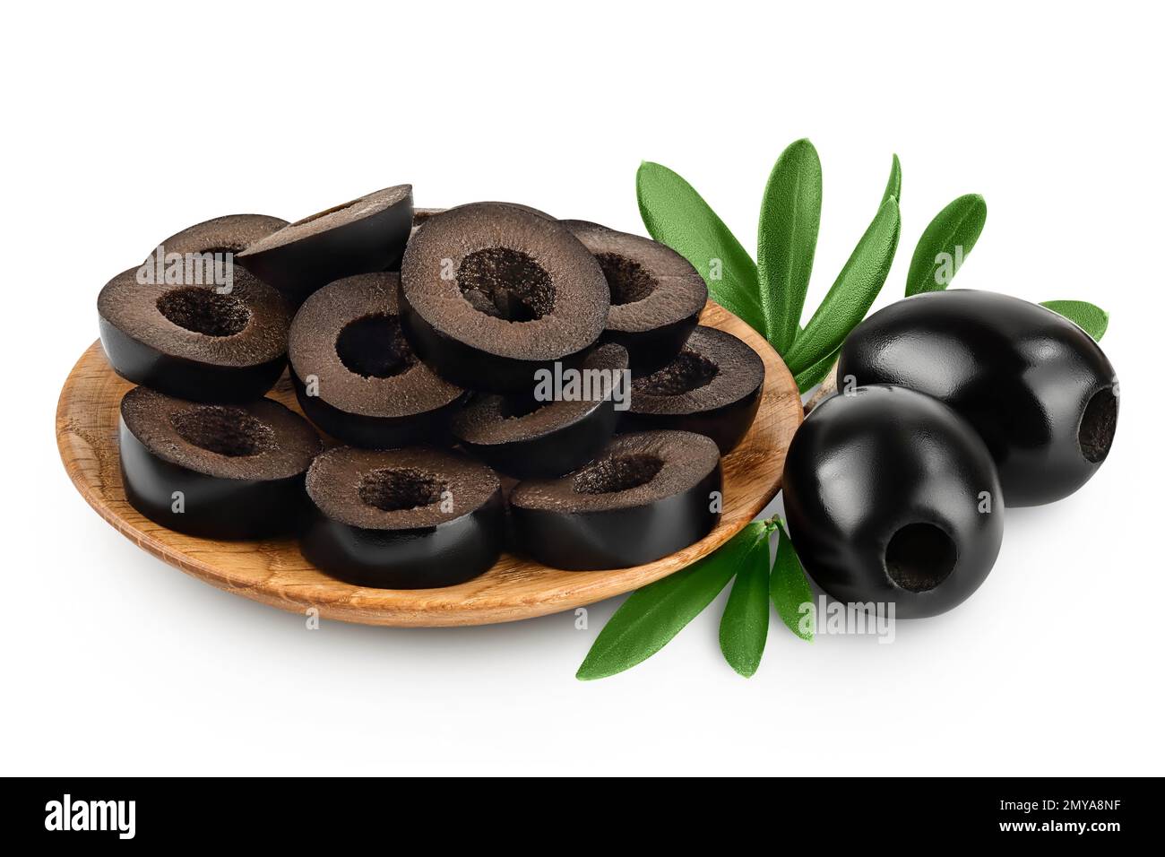 Black olive slices in wooden bowl isolated on a white background with ...