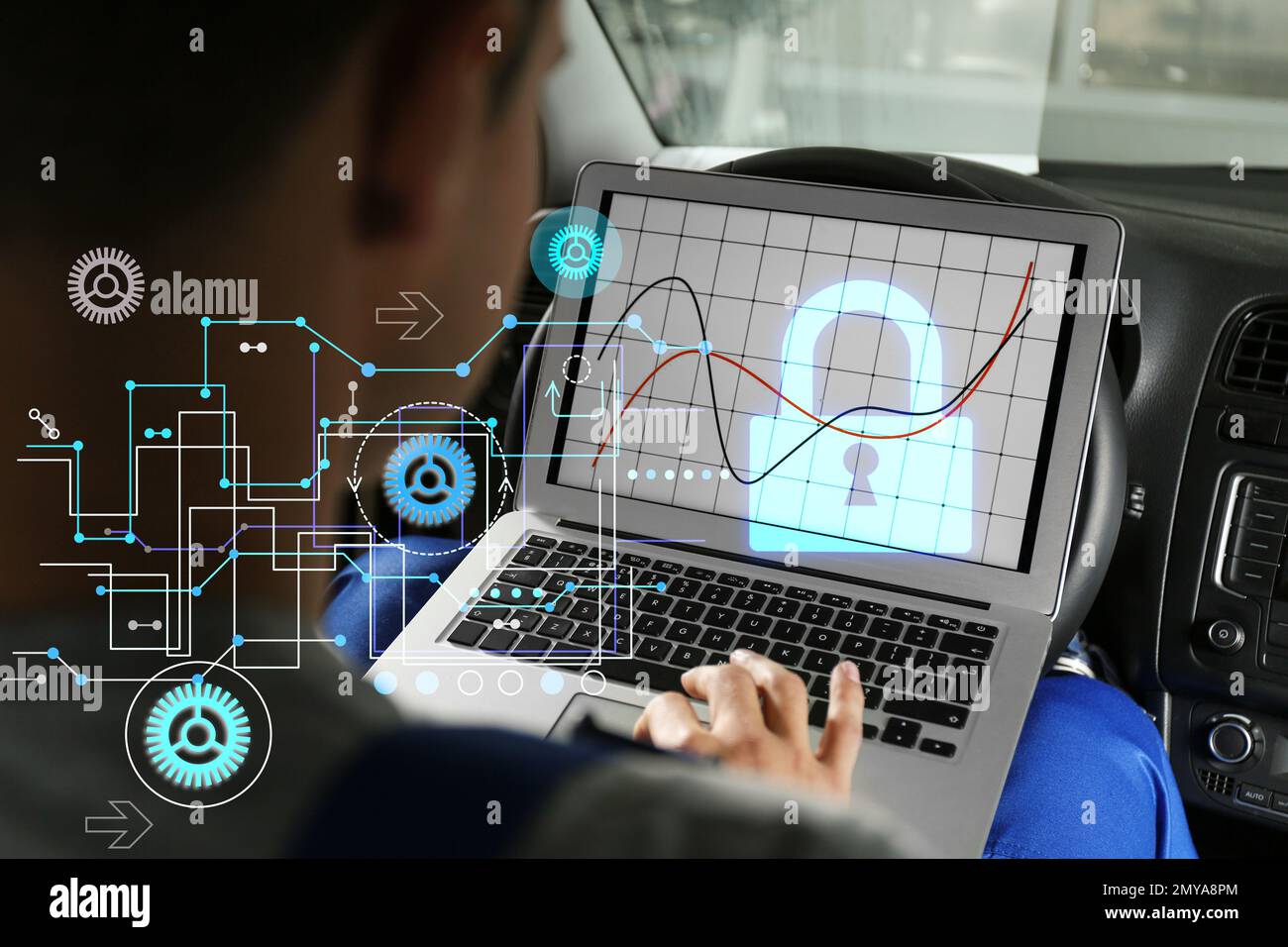 Cyber attack protection. Man using laptop in car, closeup. Scheme and ...