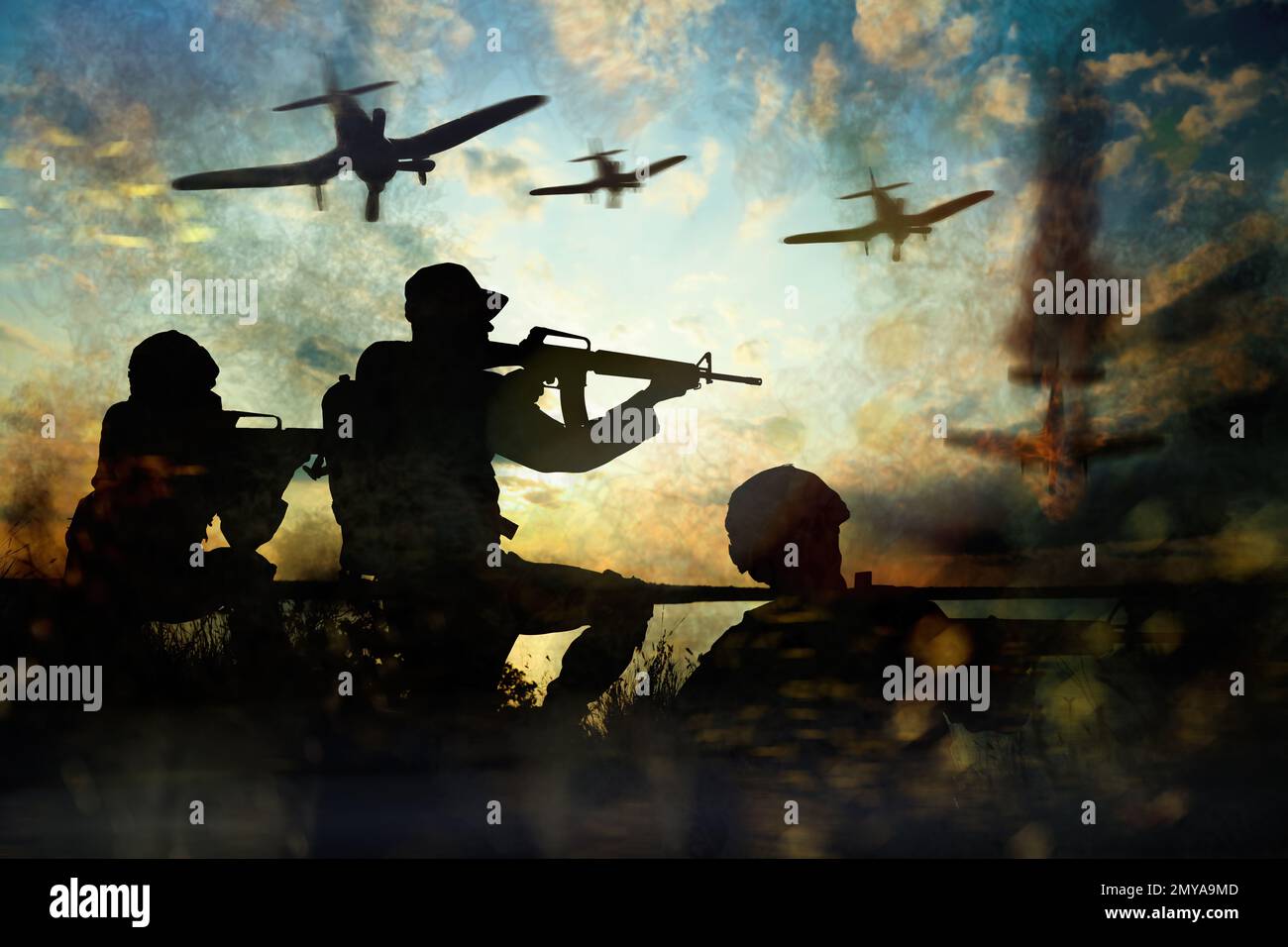 Silhouettes of soldiers and planes in combat zone. Military service ...