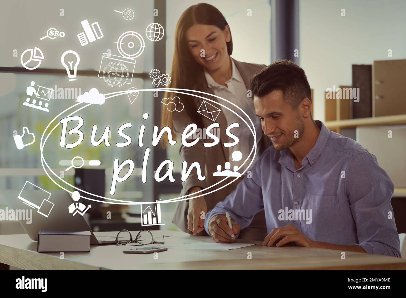 Business plan. Virtual screen with different icons and people working ...