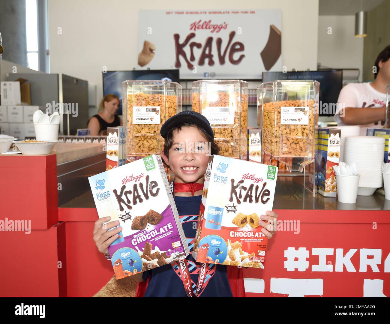 Eight-year-old Noah Padilla poses with boxes of cereal at the Kellogg's ...