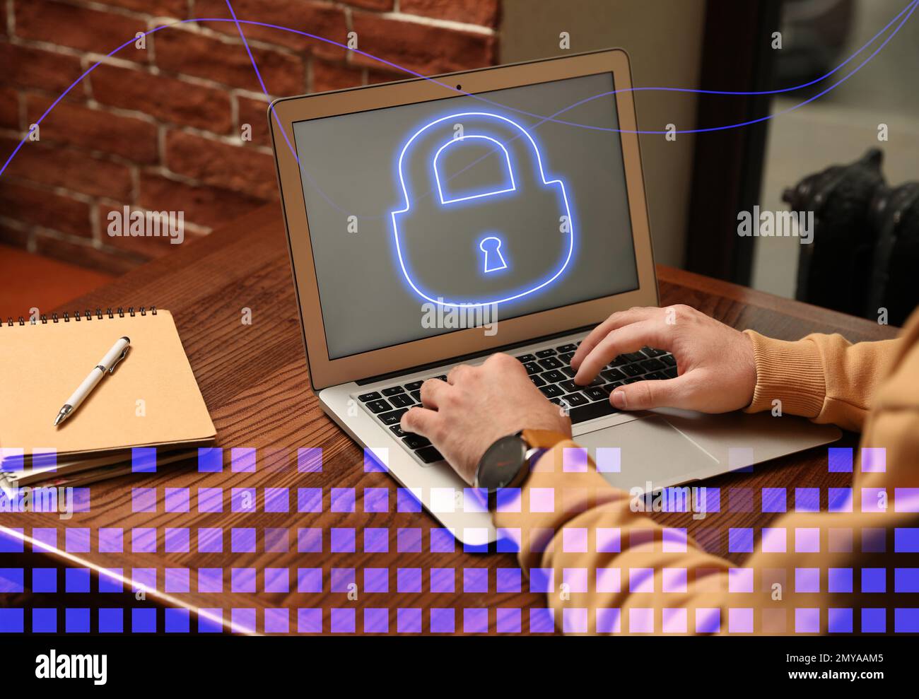 Cyber attack protection. Man using laptop with lock illustration on ...