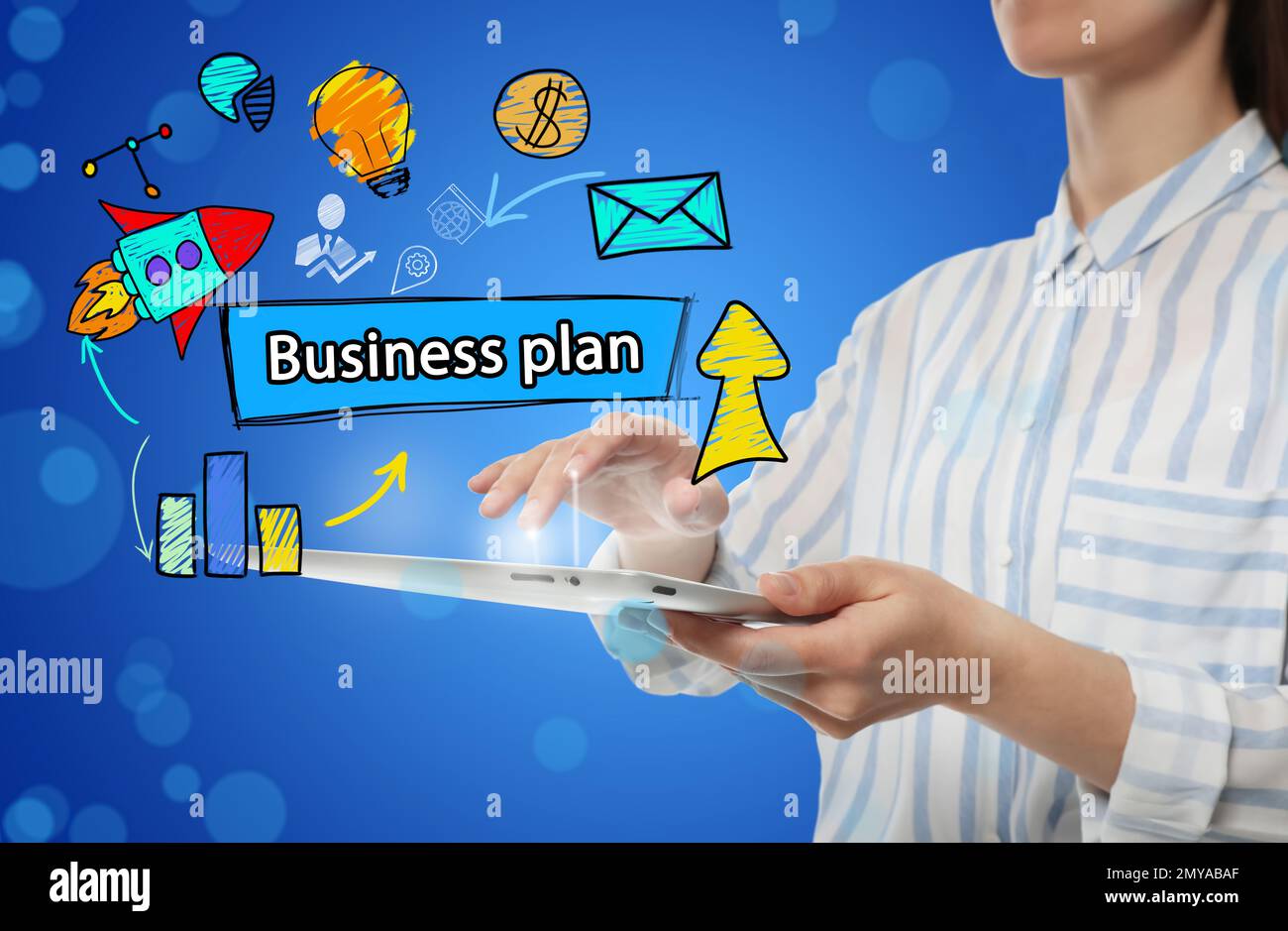 Business plan. Virtual screen with different icons and woman using ...