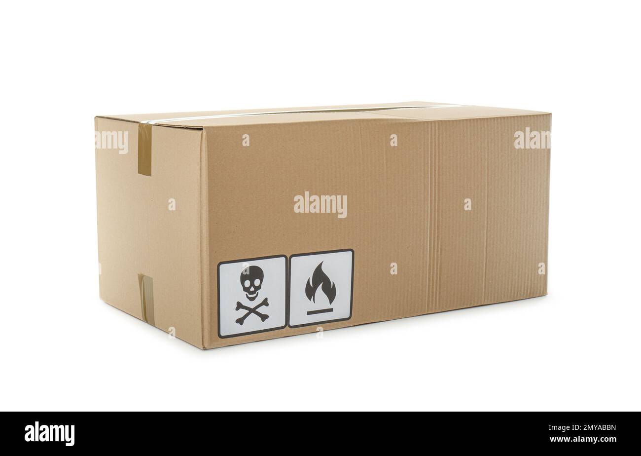 Cardboard box with different packaging symbols isolated on white ...