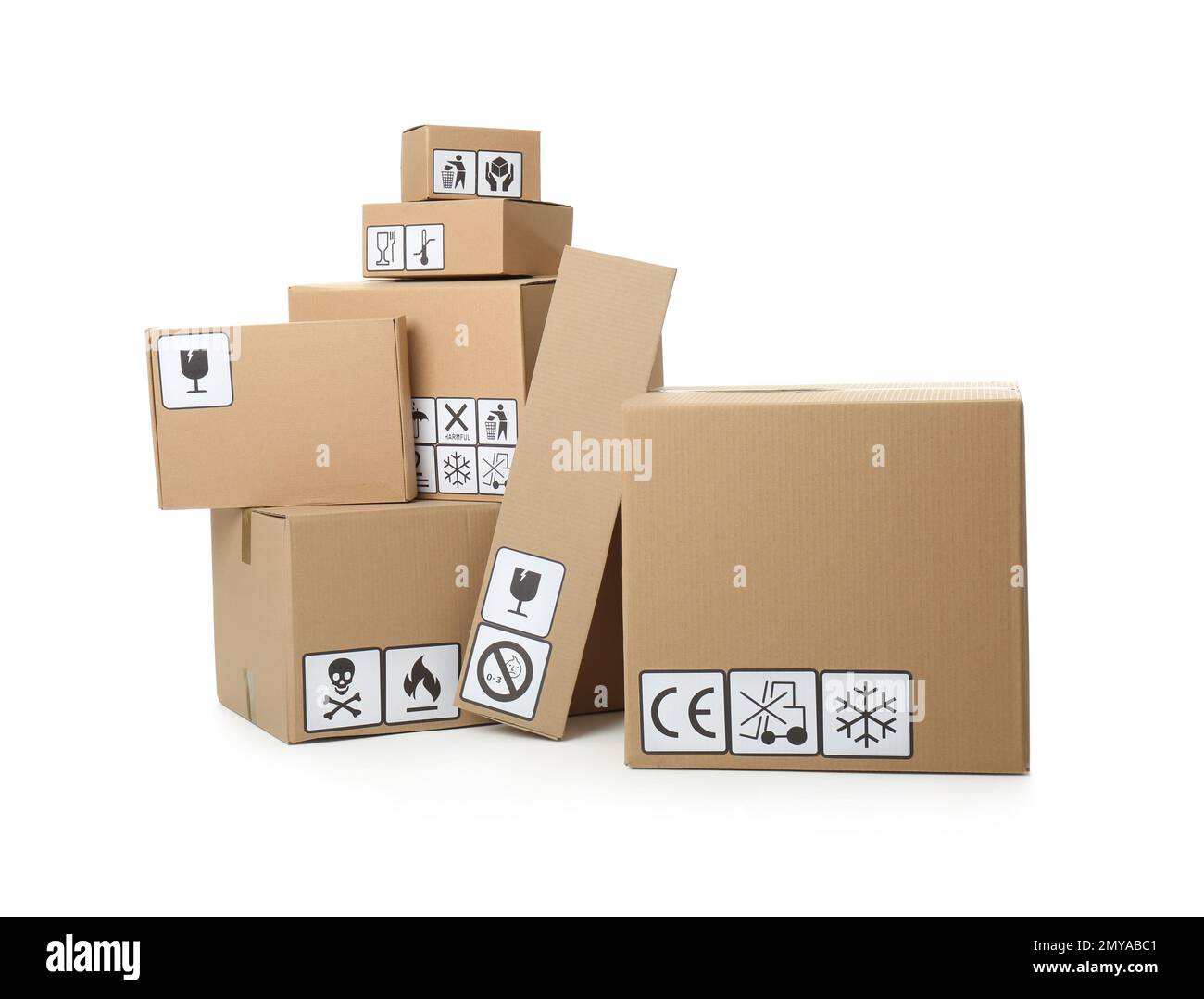 Cardboard boxes with different packaging symbols on white background ...