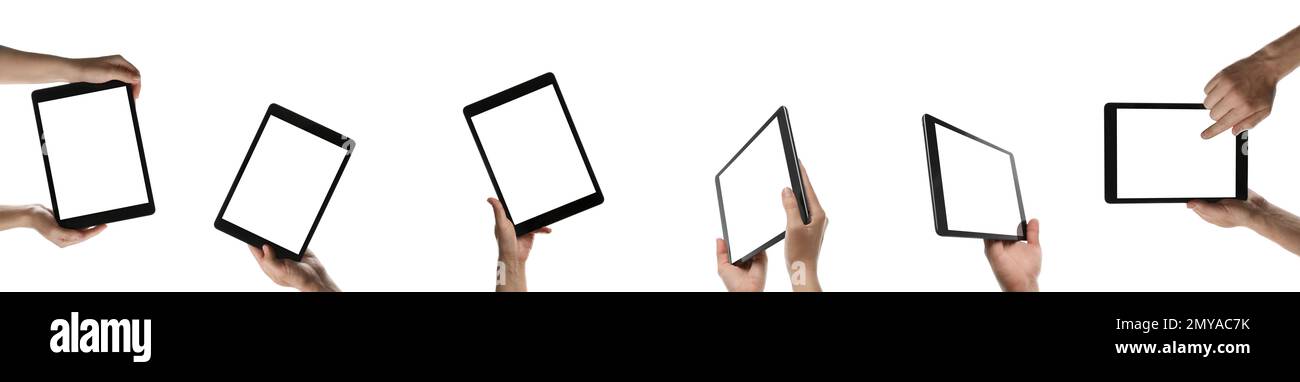 Collage with different photos of people holding tablet computer on ...
