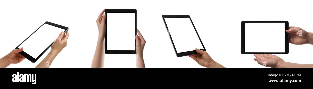 Collage with photos of people holding tablet computer on white ...