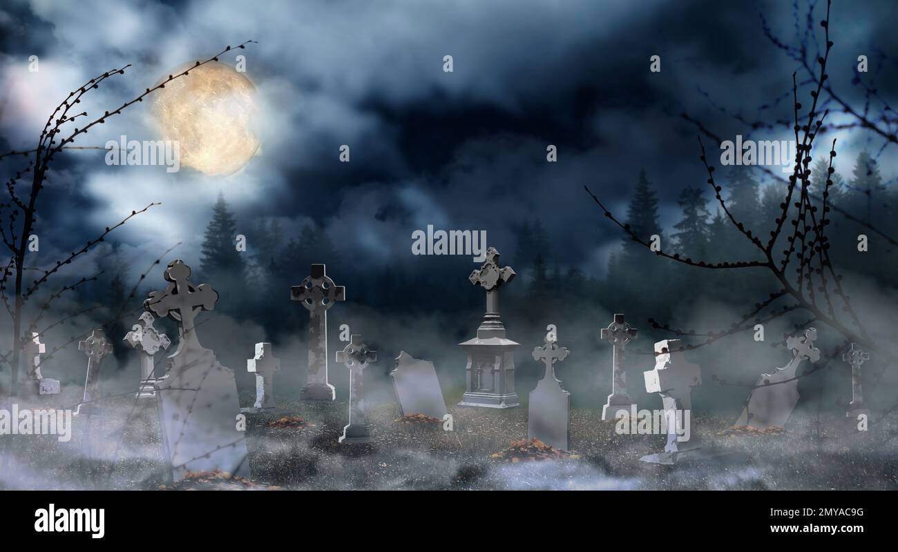 Misty cemetery with old creepy headstones under full moon. Halloween ...