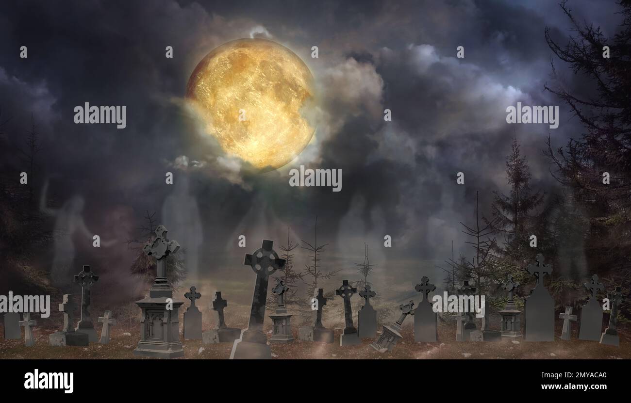 Ghosts rising from their graves with creepy headstones at old cemetery ...