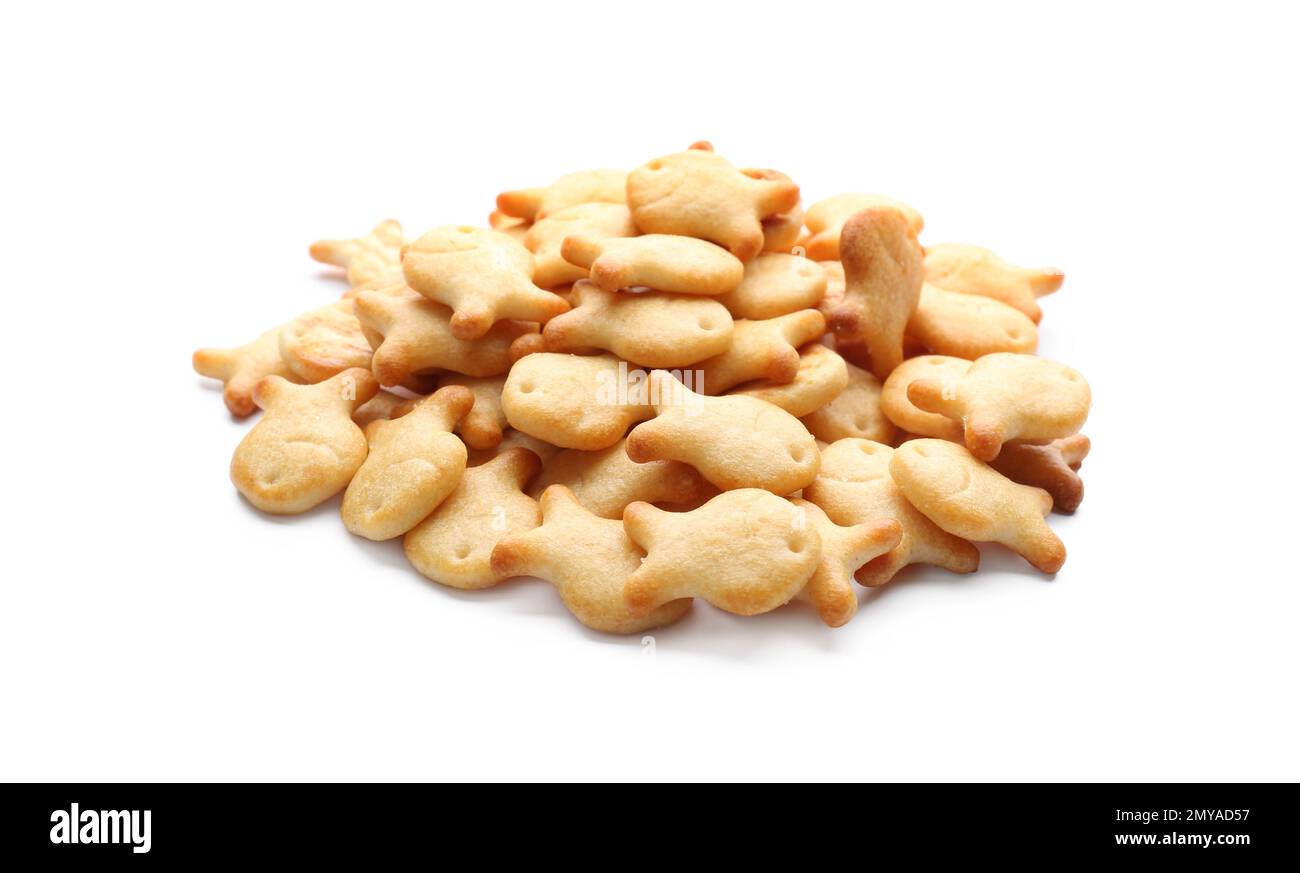 Delicious crispy goldfish crackers on white background Stock Photo - Alamy