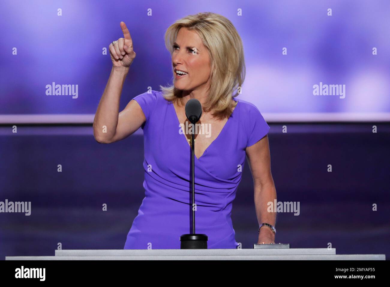 Conservative political commentator Laura Ingraham points toward the ...