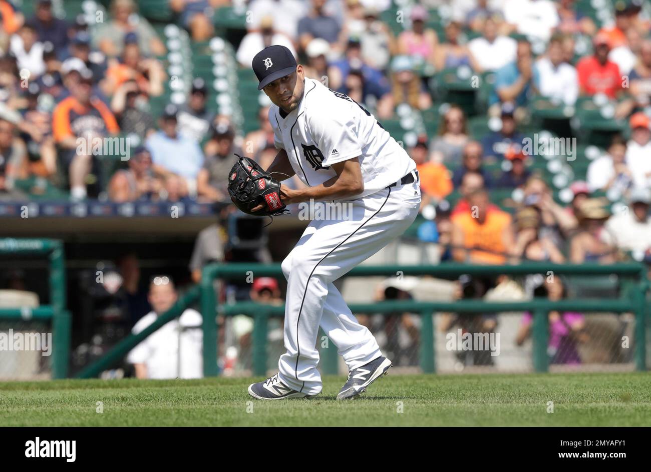 Detroit Tigers relief pitcher Francisco Rodriguez fields a grounder hit ...