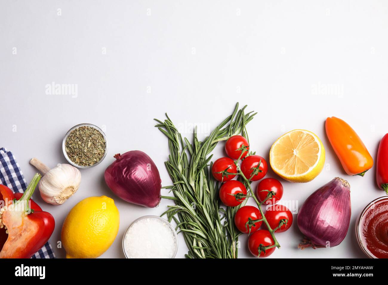 Flat lay composition with ingredients for cooking on white background ...