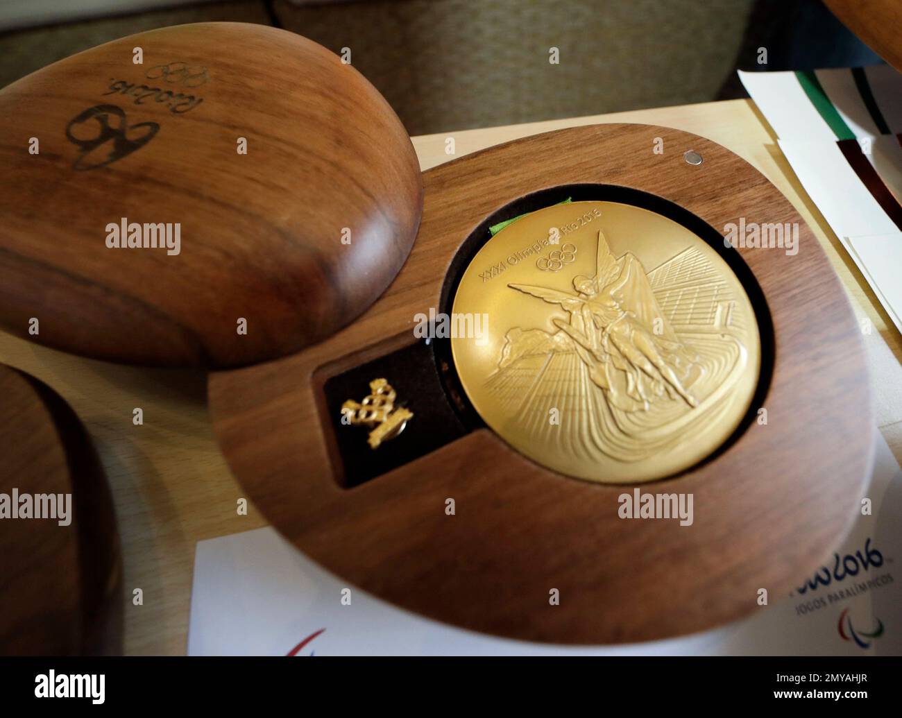A Rio 2016 Olympic gold medal is displayed at the Olympic Park ...