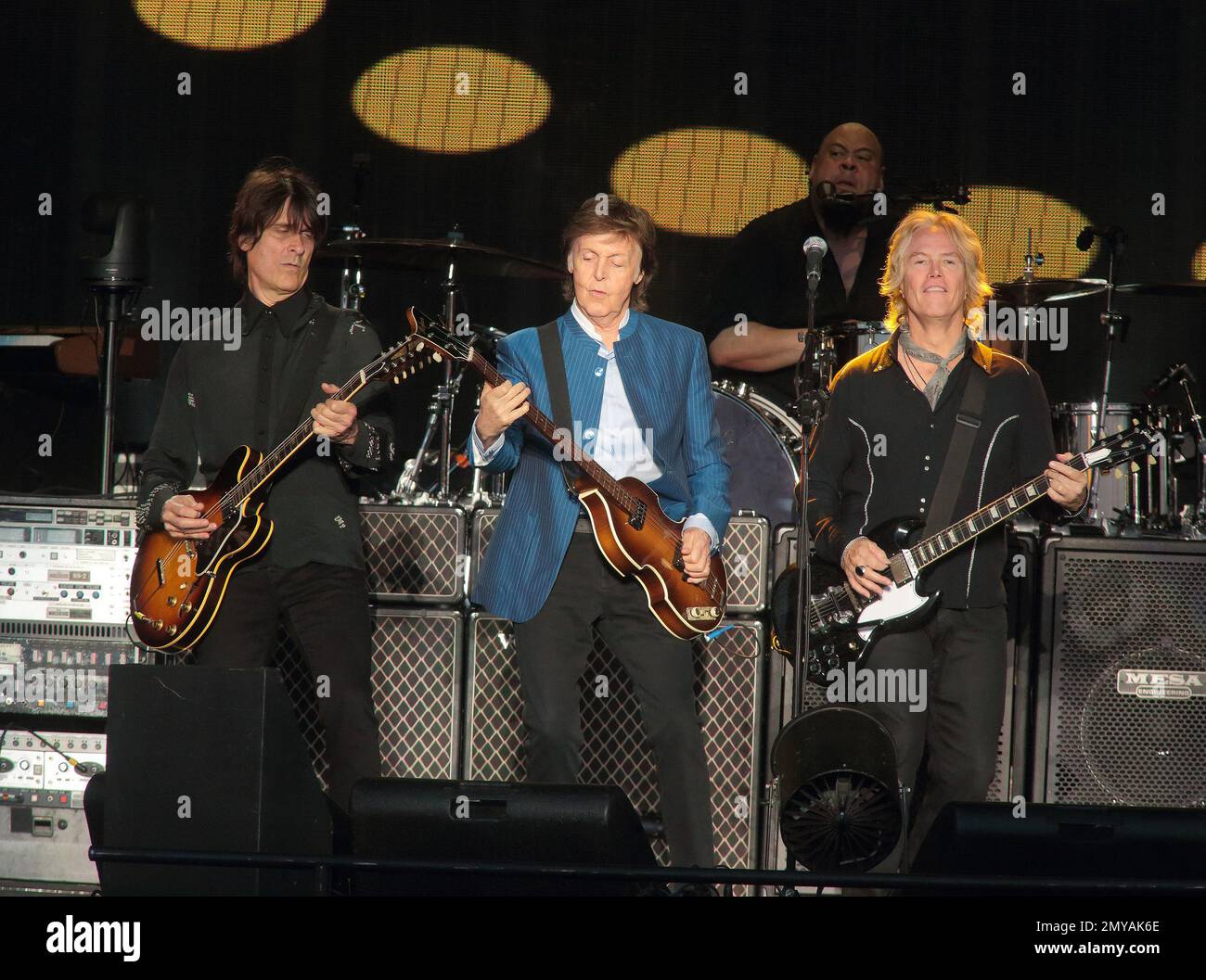Rusty Anderson, from left, Paul McCartney and Brian Ray perform in ...