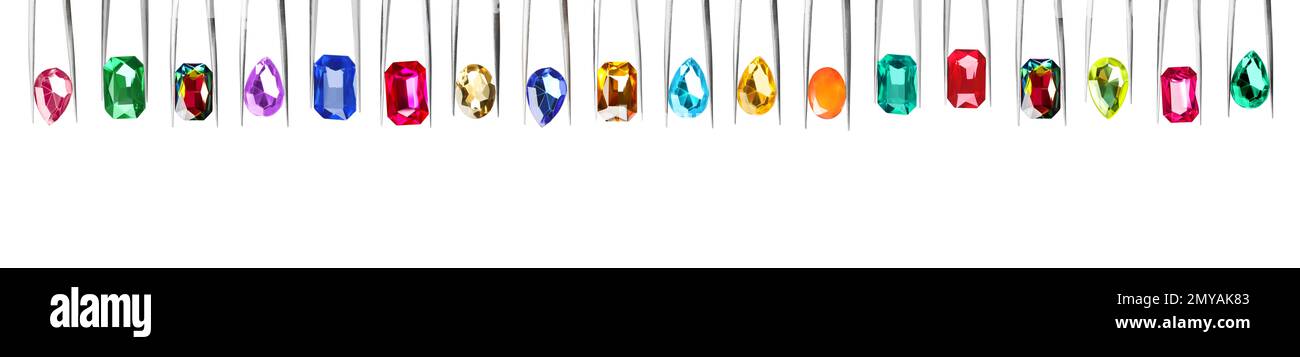 Set of tweezers with different shiny gemstones on white background ...