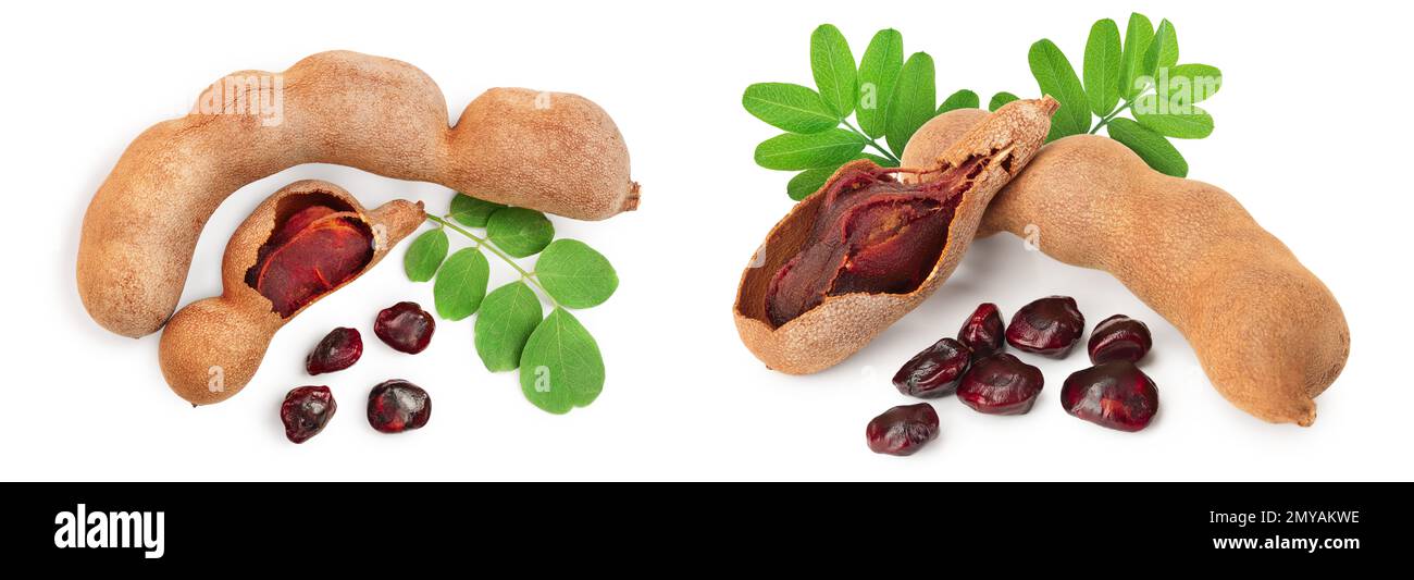 Tamarind fruit with leaf and seed isolated on white background, Top ...