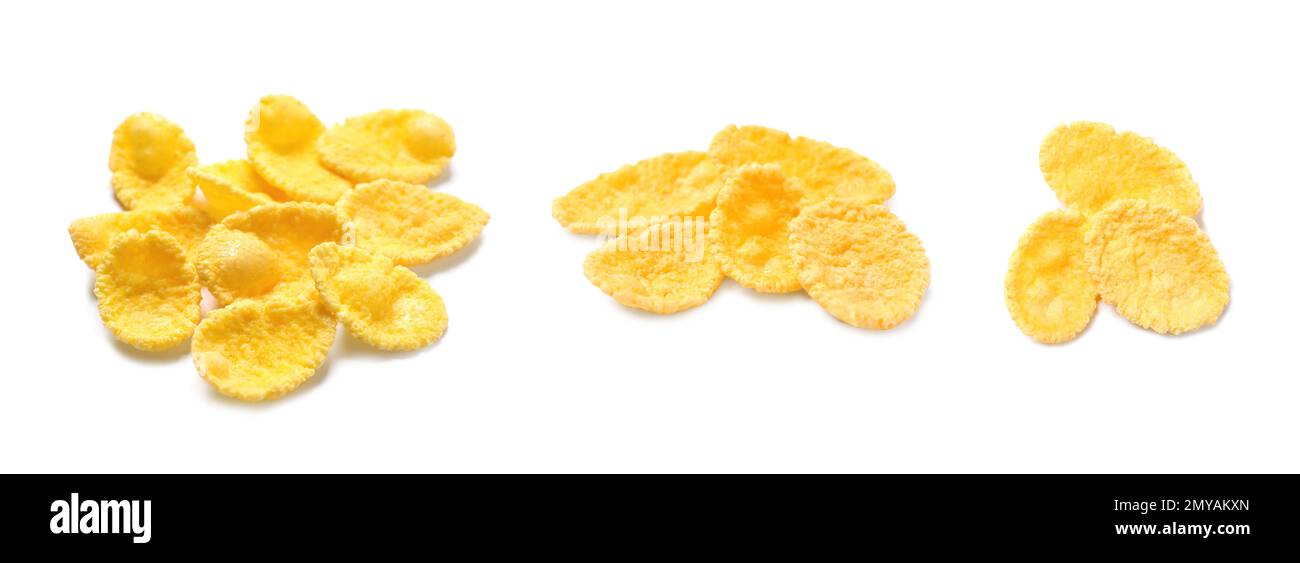 Set of tasty crispy corn flakes on white background. Banner design ...